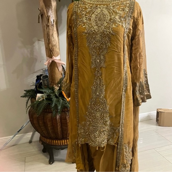Kurtas | Mustard Brownish Designer Set Chifon Fabric With Stone Work ...